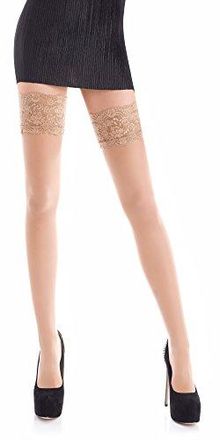 Romartex Bas autofixants transparents en élasthanne 20 DEN avec dentelle, 17 couleurs, tailles S-XXL (XLarge, beige clair)