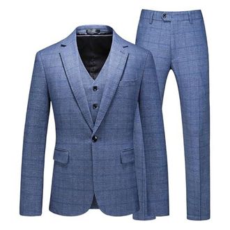 Generic Ensemble de smoking 3 pi&egrave;ces pour homme - Coupe ajust&eacute;e - Blazer &agrave; carreaux - Coupe moderne - Veste daffaires pour mariage, bal de fin dann&eacute;e, bleu, X