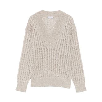 Brunello Cucinelli Femme, Pulls, Beige, Taille: 40 FR Pull en maille &agrave; col en V