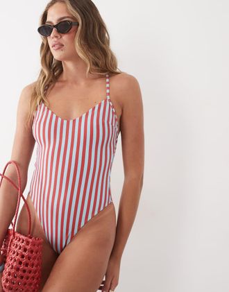 Asos Badeanzug mit maritimen Streifen in Blau und Rot-Mehrfarbig