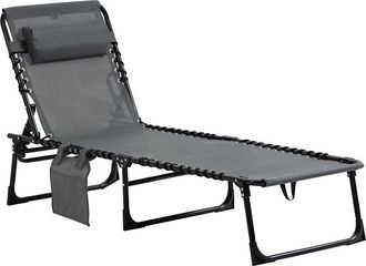 OUTSUNNY Bain de soleil transat pliable avec poign&eacute;e - dossier inclinable multi-positions, pochette, t&eacute;ti&egrave;re - acier &eacute;poxy noir lacets &eacute;lastiques textil&egrave;ne