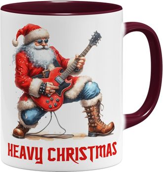 OM3 Heavy Christmas Kaffee-Tasse Lustige Weihnachtstasse f&uuml;r Rocker & Heavy Metal Fans - Santa mit E-Gitarre II - Keramik Becher - 325ml - Beidseitig Bedr