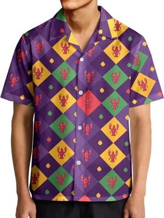 Generic Chemise Mardi Gras pour homme | Imprim&eacute; homard diamant - Chemise d&eacute;t&eacute; boutonn&eacute;e pour la plage | Haut ample | Pour f&ecirc;te, Carnival Lobster-17, S