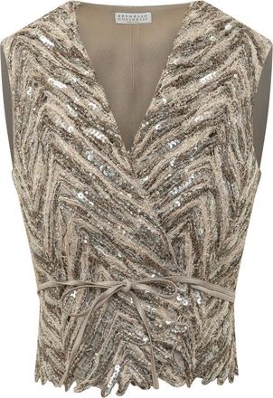 Brunello Cucinelli Femme, Vestes, Beige, Taille: 40 FR Gilet &Eacute;blouissant avec Broderie Chevron