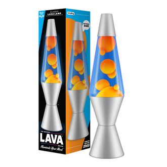 Lava Lampe 2117, orangenes Wachs, blaue Fl&uuml;ssigkeit, silberner Sockel und Deckel, Original 14,5 Zoll Bewegungslampe der Marke, Orange/Blau