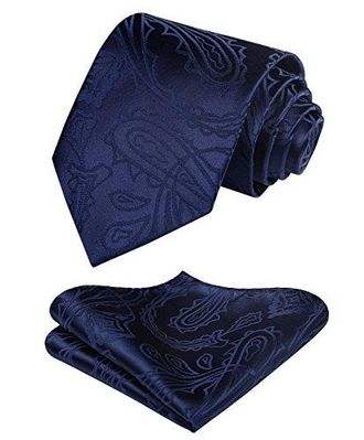 Hisdern hommes solide couleur floral cravate jacquard tisse mouchoir elegant cravate & Pocket Square Set, Bleu Marine-3, Taille Unique