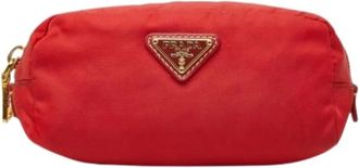 Prada Pre-owned Triangle Logo Plate Nylon Leather Pouch - Femme - Pre-owned - Rouge - Taille: ONE Size