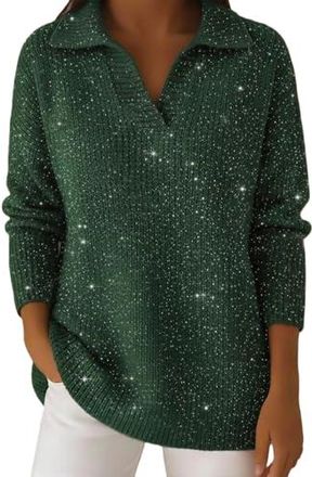 Generic Chandails scintillants pour femmes &agrave; paillettes rouges, chandails occasionnels &agrave; col ch&acirc;le, chandails chauds confortables &agrave; manches longues, coupe amp