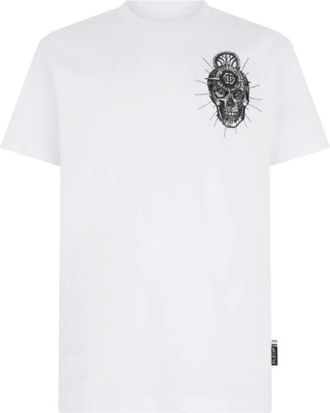 Philipp Plein Homme, Tops, Blanc, Taille: M T-Shirt Col Rond Broderie T&ecirc;te de Mort Poitrine