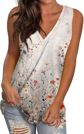 Generic Debardeur Femme Chic et &eacute;l&eacute;gant Chemisier sans Manche Imprimer D&eacute;bardeur Top Col V Ete Haut Chic et Elegant Fluide Ample Caraco Vetement Femme Tee Shi