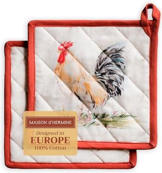 Maison d'Hermine Campagne Lot de 2 maniques, 100% Coton, pour Barbecue, Cuisson, Four, Micro-Ondes, grillades, Printemps/&eacute;t&eacute;, P&acirc;ques, (20cm x 20cm)