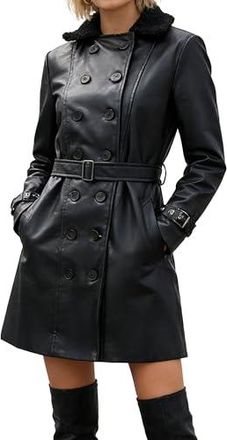 Generic Veste trench en cuir synth&eacute;tique pour femme - Blazer mi-long &agrave; revers double boutonnage ouvert sur le devant - Caban tendance 2026, Noir, XXL