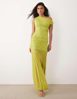 Tfnc Robe longue en tulle &agrave; &eacute;paule d&eacute;nud&eacute;e asym&eacute;trique avec jupe fronc&eacute;e transparente - Citron vert