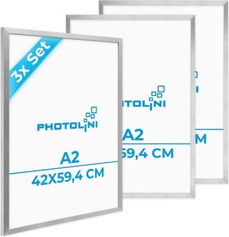 Photolini Bilderrahmen A2 Holz MDF Silber, 3er Set Picture Frame Rahmen 42x59,4 mit bruchsicherem Acrylglas, DIN A2 Bilderrahmen 42x60 zum Aufhängen, mit Zubehö