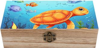 Ahdyr Holzkiste mit Schildkröten- und Fischmotiv, Souvenir, mit Deckel und Frontverschluss, Schreibtisch-Organizer, Behälter, Andenken