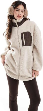 Only Veste en polaire duveteuse à col roulé avec poche - Beige et marron-Neutre