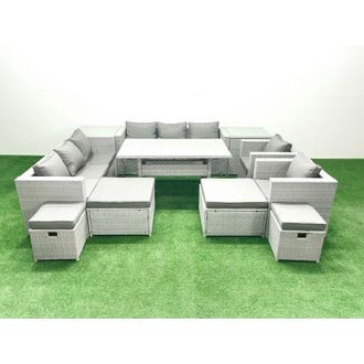 Fimous Rattan Gartenm&ouml;bel Essgarnitur 12 Sitzer Lounge Sofa Stuhl Esstisch Set mit 4 Hockern 2 Beistelltischen Hellgrau gemischt - Fimous