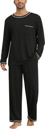 Ekouaer Schlafanzug Herren Lang Zweiteiliger Pyjama Set Winter Loungewear Warm Kariert Hausanzug mit Taschen, Schwarz XXL