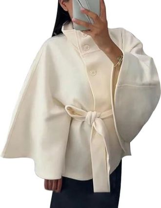 Minetom Poncho Femme Cape El&eacute;gante Automne Hiver Ch&acirc;le Couleur Unie Bouton Manteau avec Ceinture B Beige M