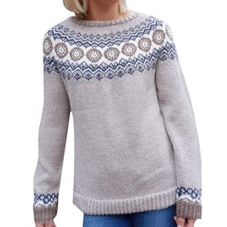 Generic Pull Islandais Femme, Pull Norv&eacute;gien Femme Hiver Chaud Pull Femme Hiver Col Rond Pull en Tricot Grande Taille Mohair Pull Jacquard Irlandais Sweatshir