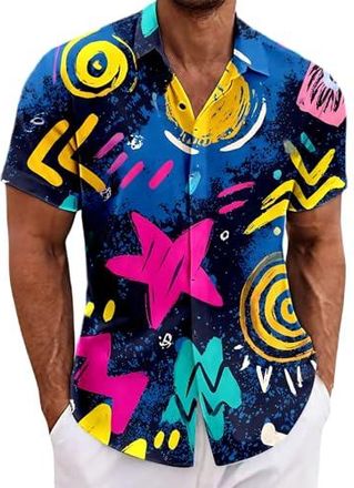 Generic Chemise hawa&iuml;enne pour homme - Imprim&eacute; &agrave; manches courtes - Style ann&eacute;es 80 - Respirant - Confortable - Pour l&eacute;t&eacute; - Pour la plage - Costume de f&ecirc;te, b1