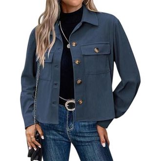 Generic Veste courte d&eacute;contract&eacute;e &agrave; manches longues et col &agrave; revers pour femme en velours c&ocirc;tel&eacute;, bleu, XXL