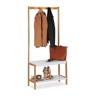 Relaxdays Garderobenst&auml;nder mit Schuhregal, 4 Kleiderhaken, mit Ablage, Bambus & MDF, HBT 150 x 70,5 x 30 cm, natur-wei&szlig;