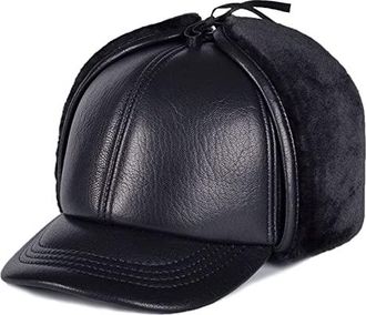 Generic Chapeau dhiver en cuir pour homme - Casquette en cuir - Casquette de baseball militaire - Noir et marron - Pour lext&eacute;rieur, Noir - 55-56 cm, L