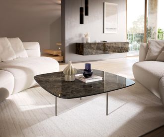 DELIFE Couchtisch Edge Boot 90x90 cm Keramik Emperador Extra Lucidato Dunkelbraun Trive Edelstahl geb&uuml;rstet, Couchtische