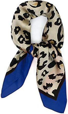 Caprilite Foulard imprim&eacute; l&eacute;opard pour femme en soie carr&eacute;e avec bordure color&eacute;e, bleu, taille unique