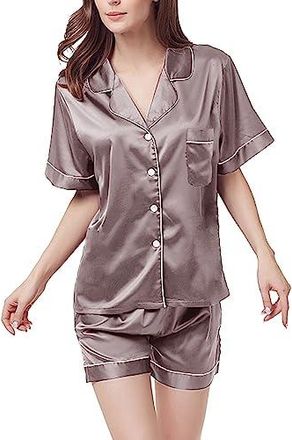 Generic Ensemble de pyjama en satin soyeux &agrave; manches courtes pour femme - V&ecirc;tements de nuit en satin pour femmes - Ensembles de v&ecirc;tements de d&eacute;tente petite et