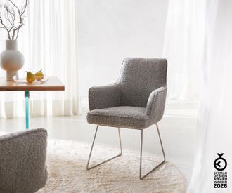 DELIFE Esszimmerstuhl Heira-Flex mit Armlehnen Boucl&eacute; Silbergrau Kufengestell Edelstahl Taschenfederkern, Esszimmerst&uuml;hle