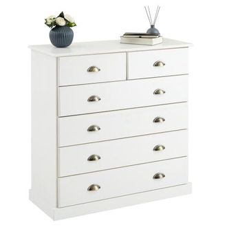 IDIMEX Commode Chambre Paris L 91 cm en Bois Massif Blanc avec 6 tiroirs, Meuble de Rangement Adulte lasuré avec poignées Coquille en métal Style Maison de C