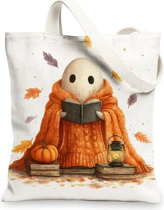 Generic Sac fourre-tout en toile motif fantôme mignon, confortable, motif citrouille dautomne, sacs de courses réutilisables, automne fantaisie, léger, lavabl