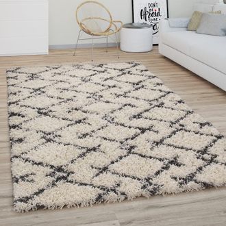 Paco Home Hochflor Teppich Wohnzimmer Schlafzimmer Boho Skandinavisch Shaggy Modern Rautenmuster, Grösse:150 cm Quadrat, Farbe:Creme Anthrazit 3