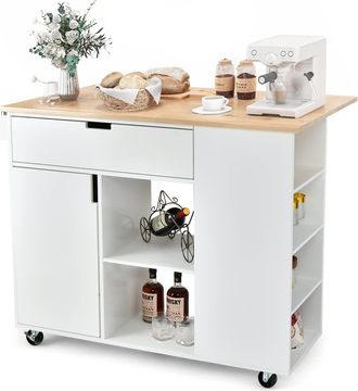 Generic Küchenwagen, Rollwagen, große Kücheninsel auf 5 Rädern, rollender Aufbewahrungswagen mit ausziehbarer Arbeitsplatte aus Gummiholz, Schrankschublade, G