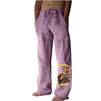 Generic Pantalon en lin pour hommes respirant : pantalon d&eacute;t&eacute; avec imprim&eacute; pantalon de plage avec taille &eacute;lastique pantalon de loisirs jambe droite pantalon &agrave;
