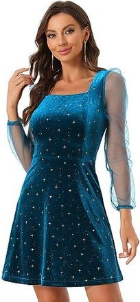 Allegra K Costume de Noël en maille transparente à manches longues bouffantes et col carré - Mini robe en velours pailleté - Bleu foncé - Taille M, noir foncé, 