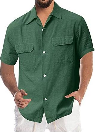 Generic VYLYNL Chemise &agrave; manches courtes en lin pour homme - Chemise de travail unie et respirante - Chemise d&eacute;t&eacute; boutonn&eacute;e avec poche avant - Style militaire