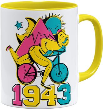 OM3 Psychedelic-Bicycle-Day-1943 Kaffee-Tasse - Keramik Becher - 11oz 325ml - Beidseitig Bedruckt - Gelb