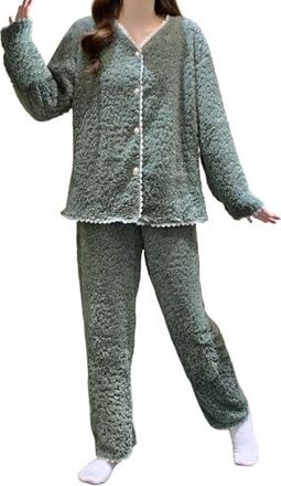 Generic Pijamas Femme Hiver Sexy, Pyjama dhiver en Flanelle Douce pour Nuits Froides Tenue De D&eacute;Tente &Eacute;L&eacute;Gante &agrave; Manches Longues avec Motif Jacquard Confortab