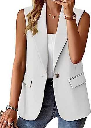 Onsoyours Femmes Blazer sans Manches Un Bouton D&eacute;contract&eacute; Cardigan Gilet Sexy Mode Col en V OL Costume Veste Manteau Cardigan Blouson Jacket avec Poches A Blan