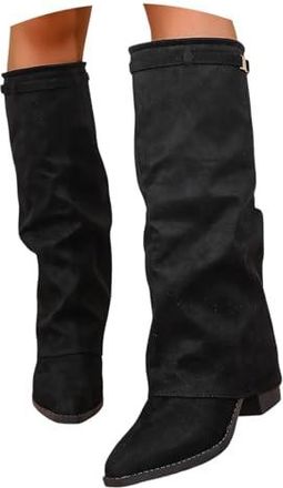 Generic Bottes western plates à talon haut du genou pour femme - Bottes décontractées en daim avec fermeture éclair latérale - À enfiler - En cuir synthétique