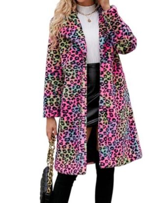 Generic Manteau long en fausse fourrure léopard pour femme avec col à revers et boutons en fourrure de guépard pour lhiver et lautomne, A04-Camouflage, XXL