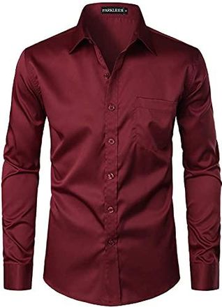 PARKLEES Chemise boutonnée élégante à coupe ajustée, manches longues et poche, style urbain, décontracté ou affaires, pour hommes, bordeaux, 3XL