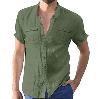 Generic Chemise en lin pour hommes &agrave; manches courtes : chemise d&eacute;t&eacute; boutonn&eacute;e chemise de plage avec poche poitrine chemises d&eacute;contract&eacute;es chemise sup&eacute;rieure r