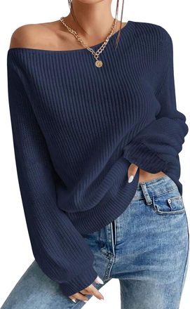 Onsoyours Langarmshirt Damen Oversize Pullover Pulli Sweatshirt One Shoulder Oberteil Asymmetrisches Leicht Strickpullover Shirt Langarm Damenpullover H&auml;kelpull