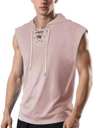 Generic DENGJIAMY Sweat &agrave; capuche sans manches pour homme uni &agrave; lacets et col en V T-shirt athl&eacute;tique d&eacute;t&eacute; tendance chemises d&eacute;contract&eacute;es pour homme, rose, 3