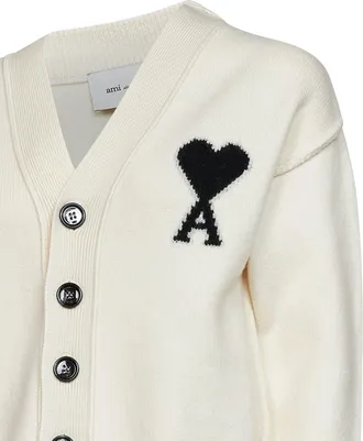 Ami Intarsia-Knit Logo Cardigan - Ivory