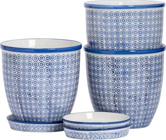Nicola Spring Handgedruckte Pflanzentöpfe Mit Untertassen - 20,5cm - Marine - Pack Von 3